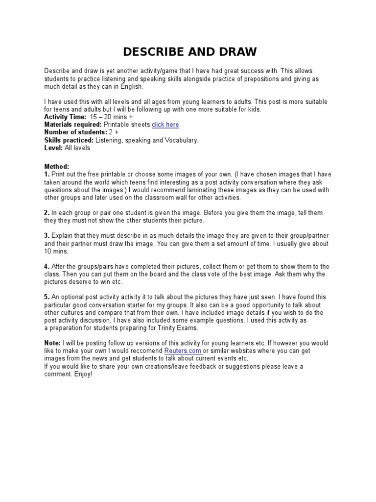 Describe and Draw: Click Here | PDF | Vocabulary | Question