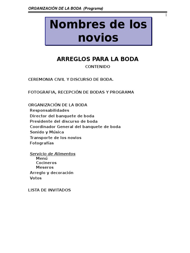 Esquema Del Programa De Boda