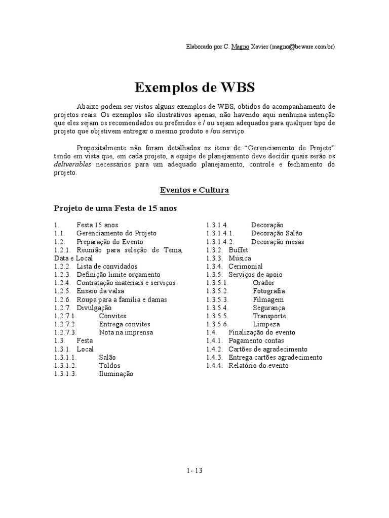 Exemplos de WBS para Projetos Diversos | PDF | Computação e Tecnologia ...