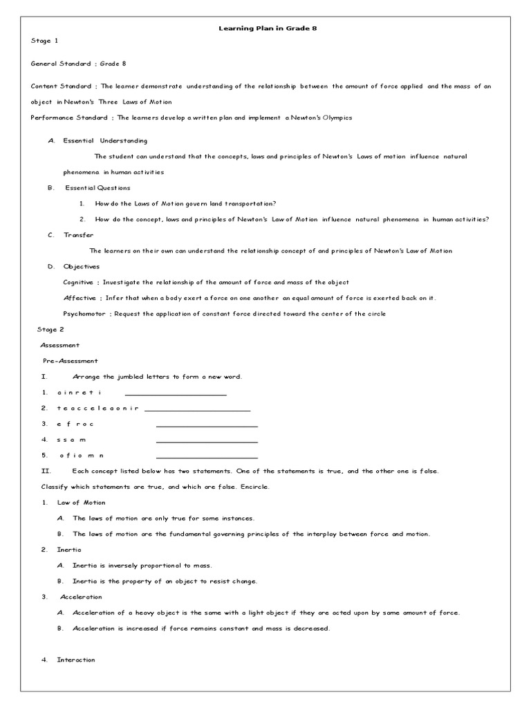 Learning Plan in Grade 8 and Grade 7 | PDF | Acceleration | Force