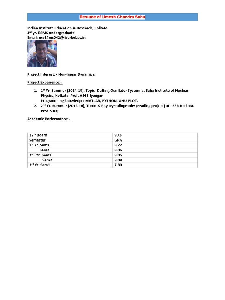 Programming Knowledge: MATLAB, PYTHON, GNU-PLOT.: Resume of Umesh Chandra Sahu | PDF