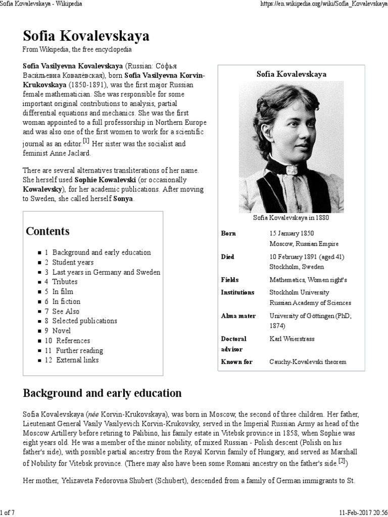 Sofia Kovalevskaya - Wikipedia | PDF | Teaching Mathematics | Science