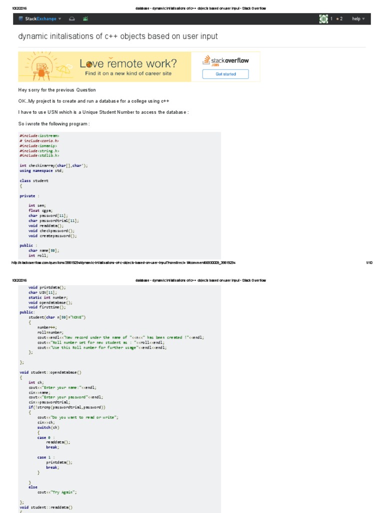 Database Dynamic Initalisations Of C Objects Based On User Input Stack Overflow Pdf