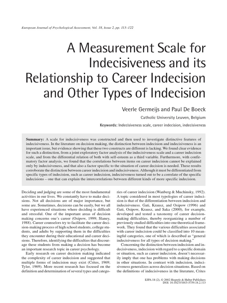 A Measurement Scale For Indecesiveness and Its Relationship To Career ...