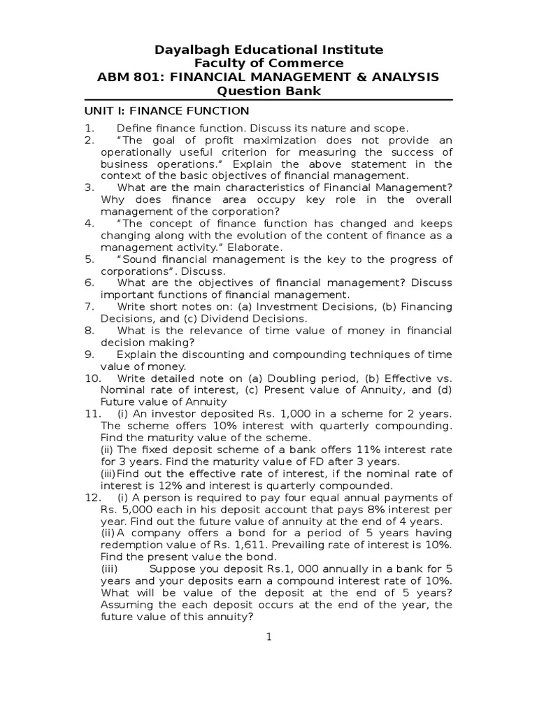 ABM 801 Financial Management Question Bank | PDF | Cost Of Capital ...