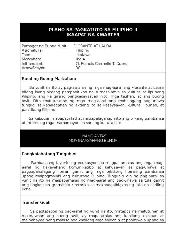 Plano Sa Pagkatuto Sa Filipino II 4 | PDF