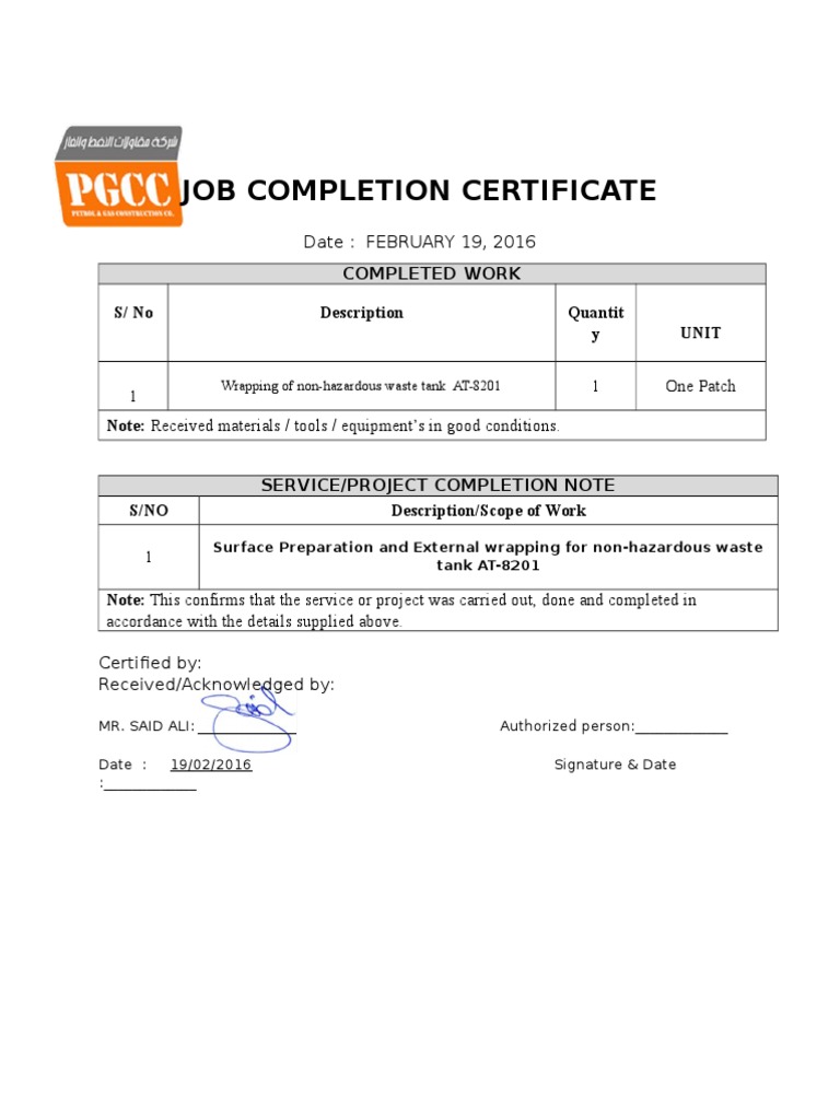 Job Completion Certificate Qchem