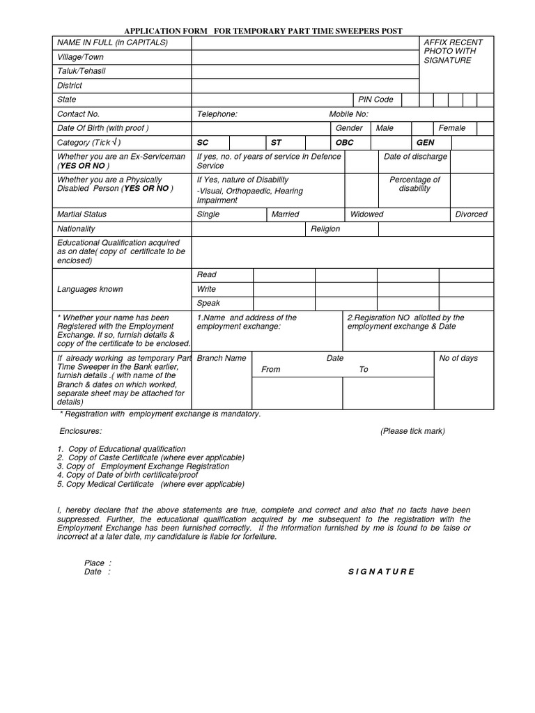 Application Form Syndicate Bank Temporary Part Time Sweeper Posts | PDF ...