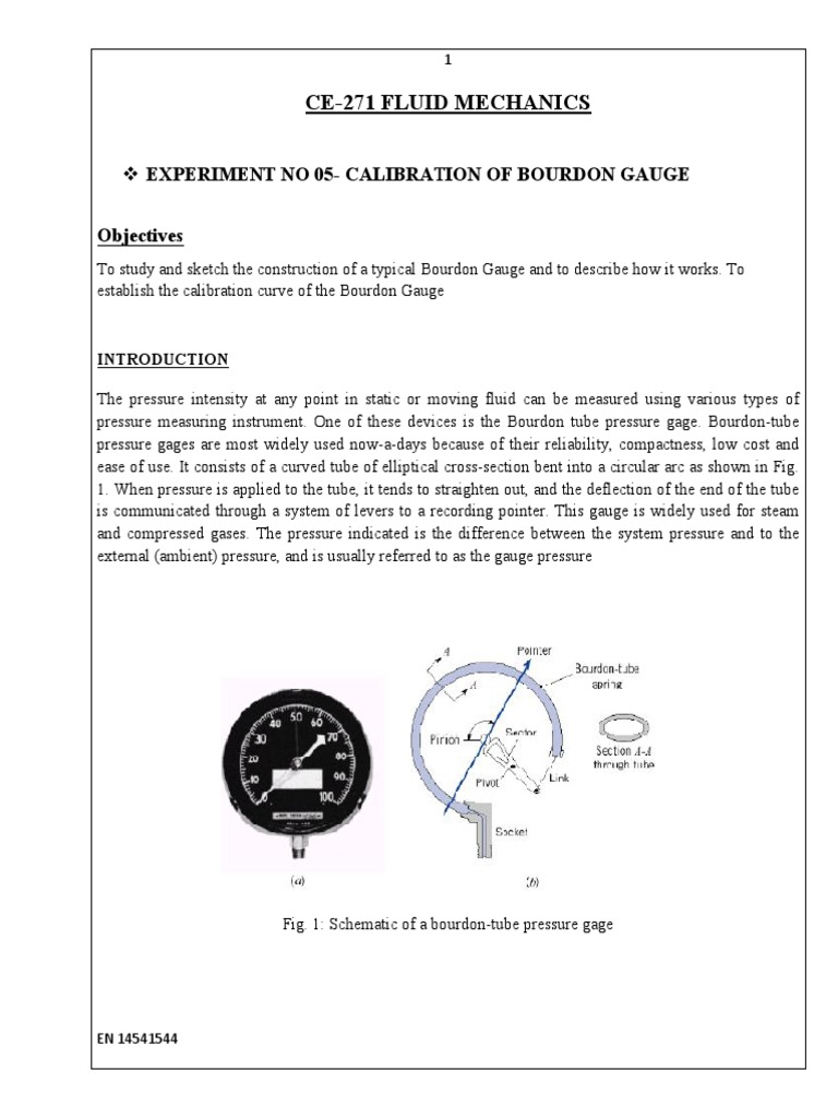 Ce-271 Fluid Mechanics: Experiment No 05-Calibration of Bourdon Gauge | PDF