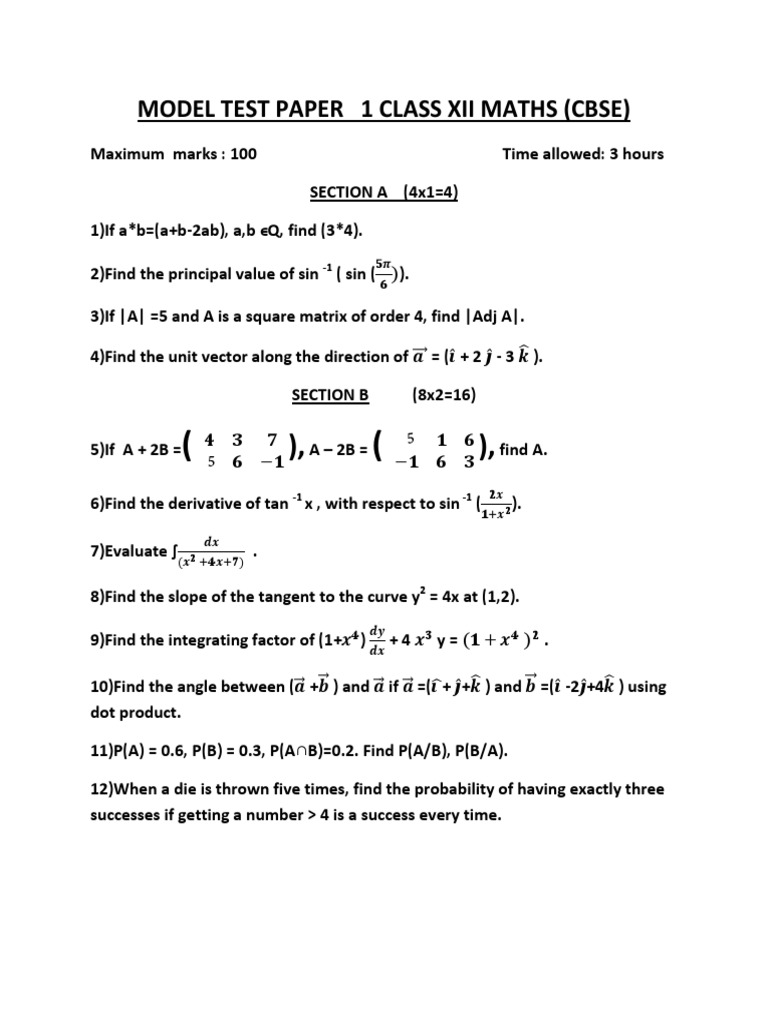 Model Test Paper 1 Class Xii Maths (Cbse) | PDF | Mathematical Analysis ...