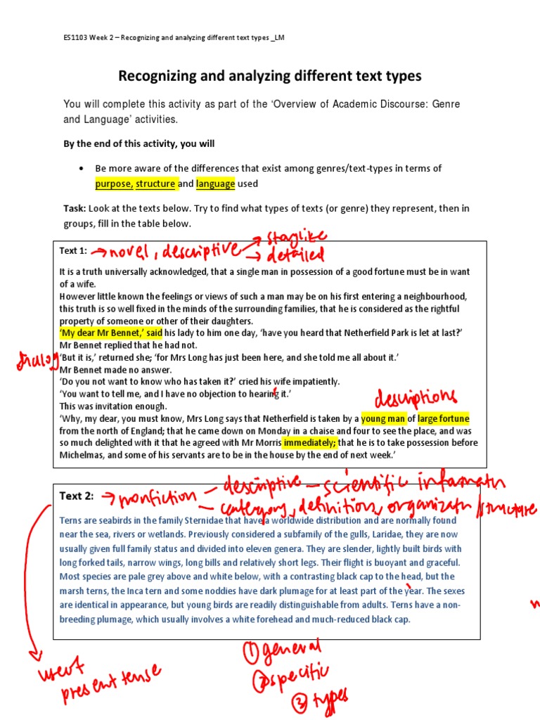 Es1103 Week 2 1 Recognizing Analyzing Text Types | PDF | Foraging | Nature