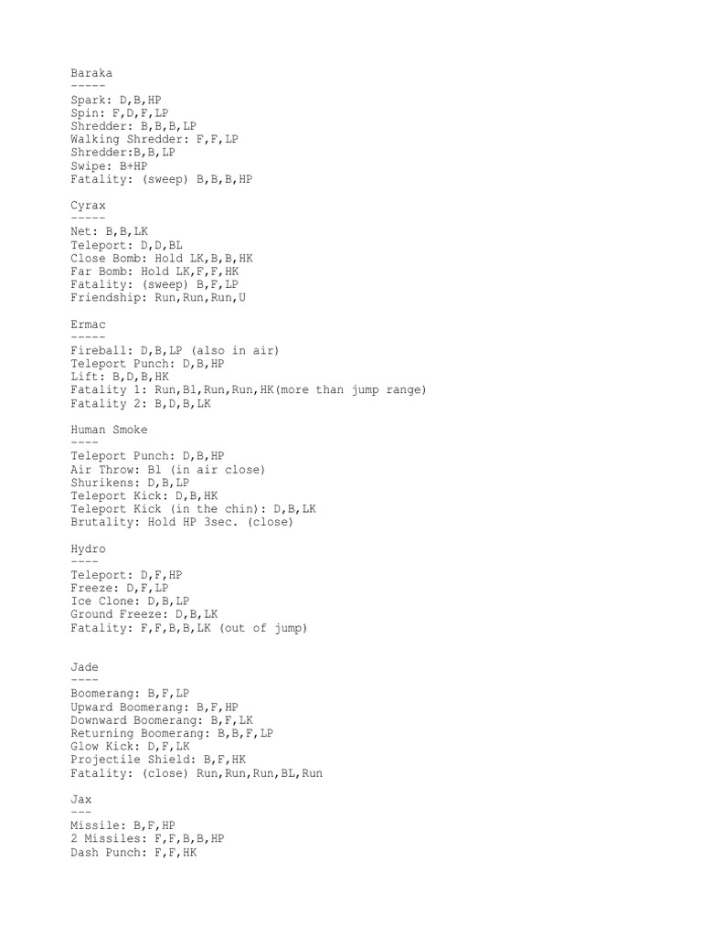 Mortal Kombat character moves | PDF | Characters Created