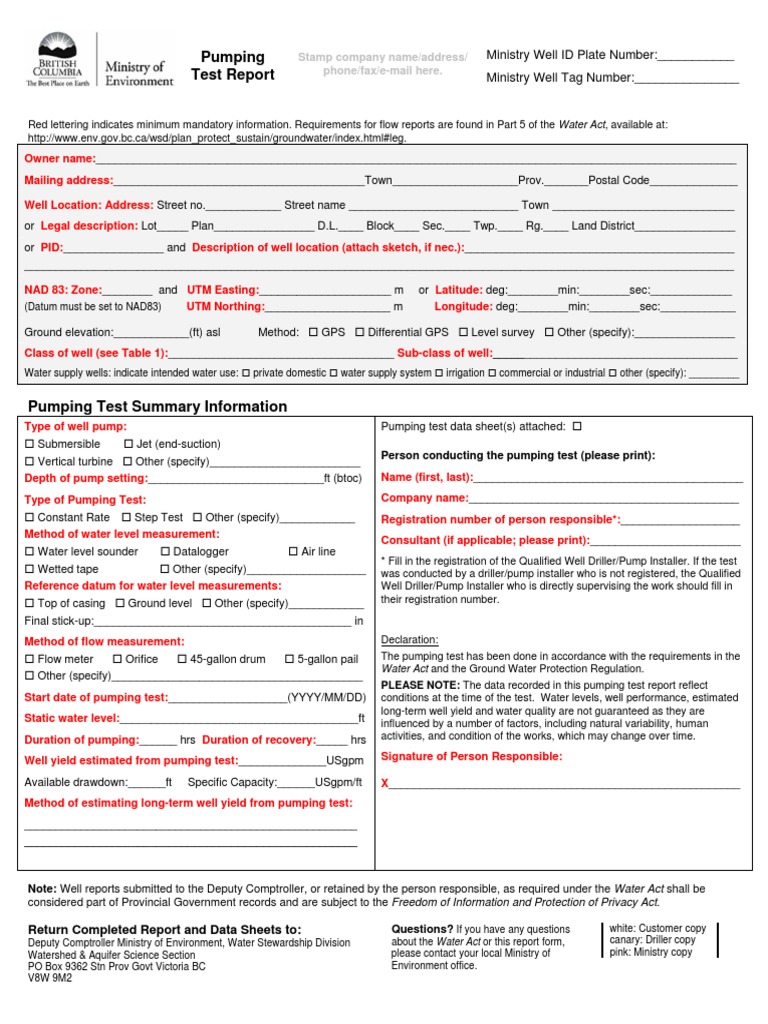 Pumping Test Form | PDF | Hydrology | Water