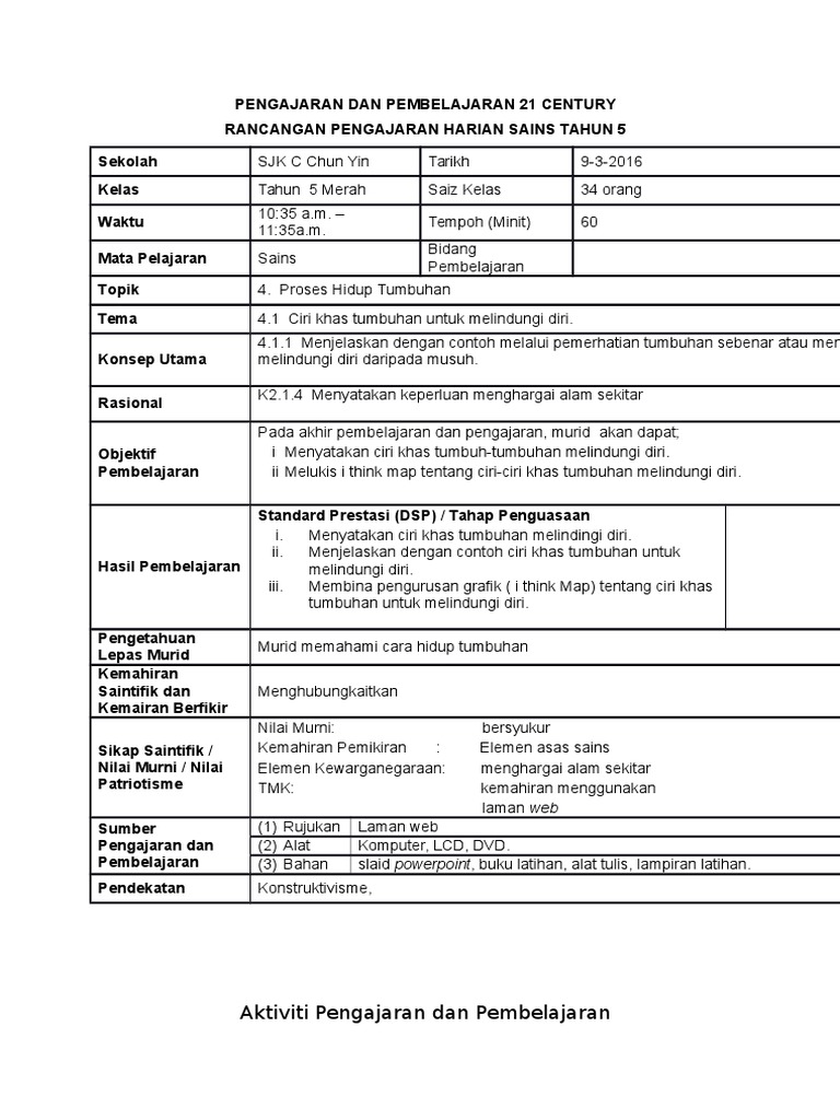 Rancangan Pengajaran Harian Sains Tahun 5 | PDF | Karier & Perkembangan ...
