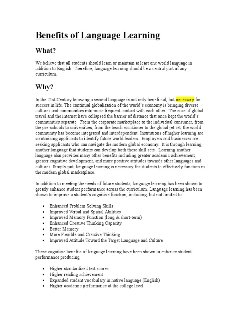 Benefits of Language Learning | PDF | Reading Comprehension | Learning