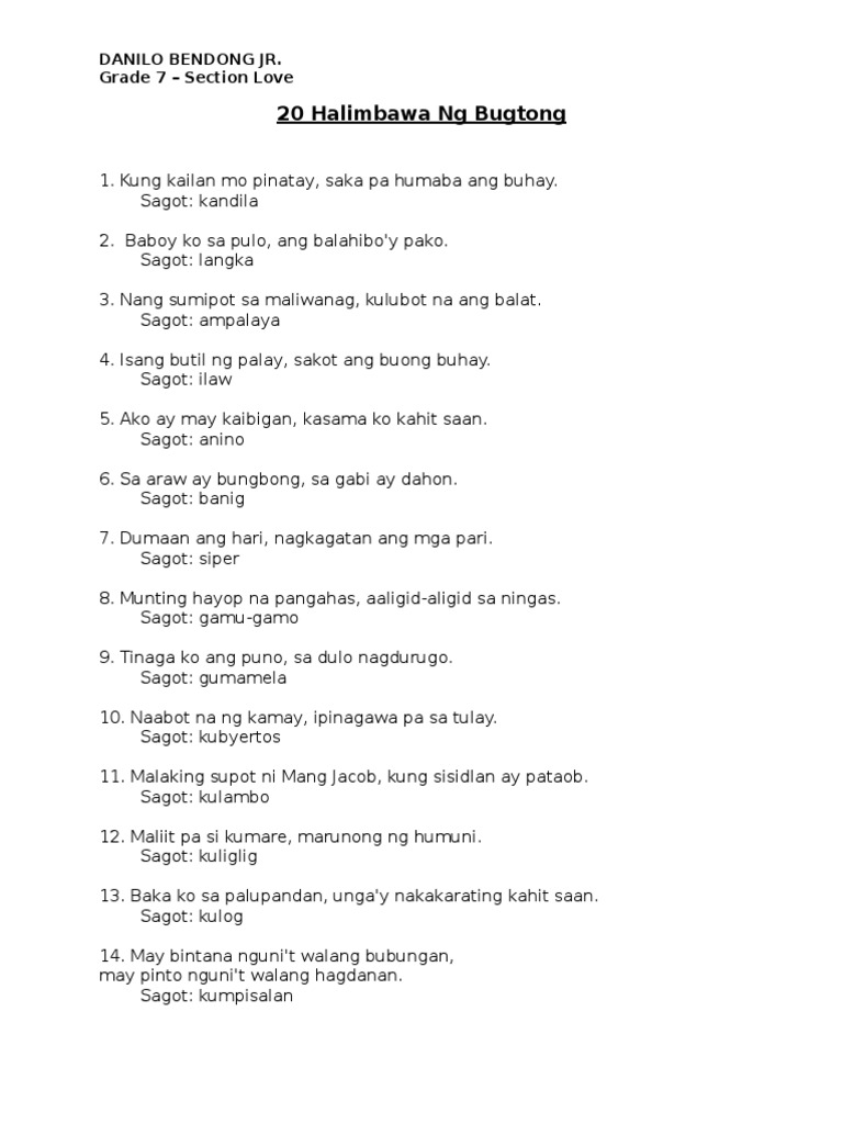 20 Halimbawa Ng Bugtong
