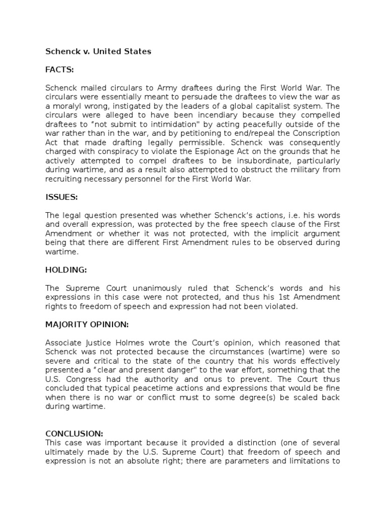 Schenck v. United States | PDF | First Amendment To The United States ...