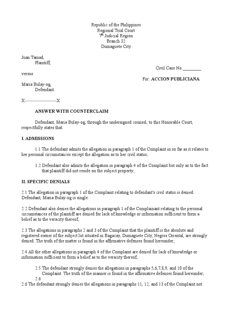 ANSWER With Counterclaim | Lawsuit | Common Law ANSWER With Counterclaim | Lawsuit | Common Law