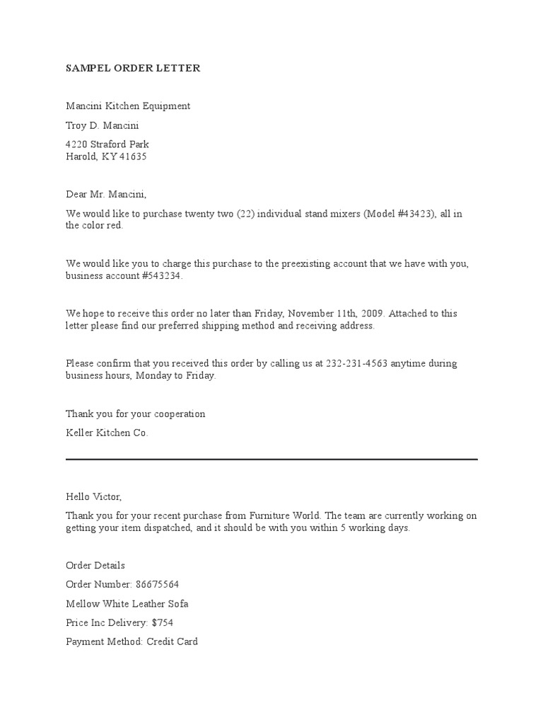 Sample Order Letter Template | PDF