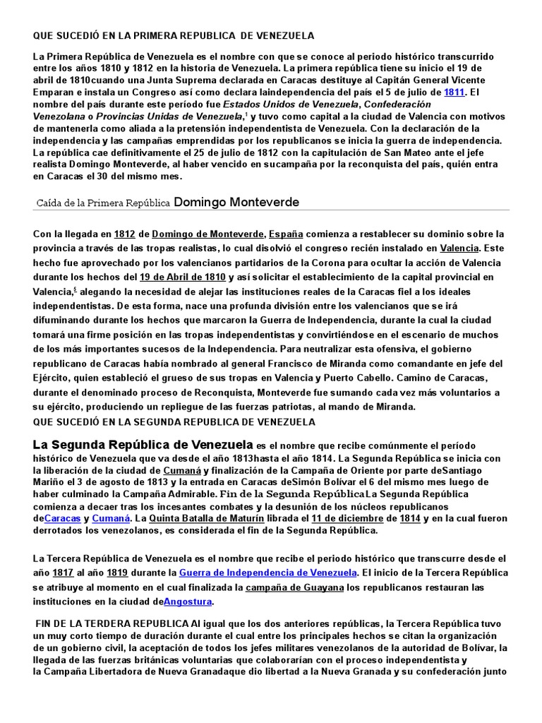 Que Sucedió en La Primera Republica de Venezuela | PDF