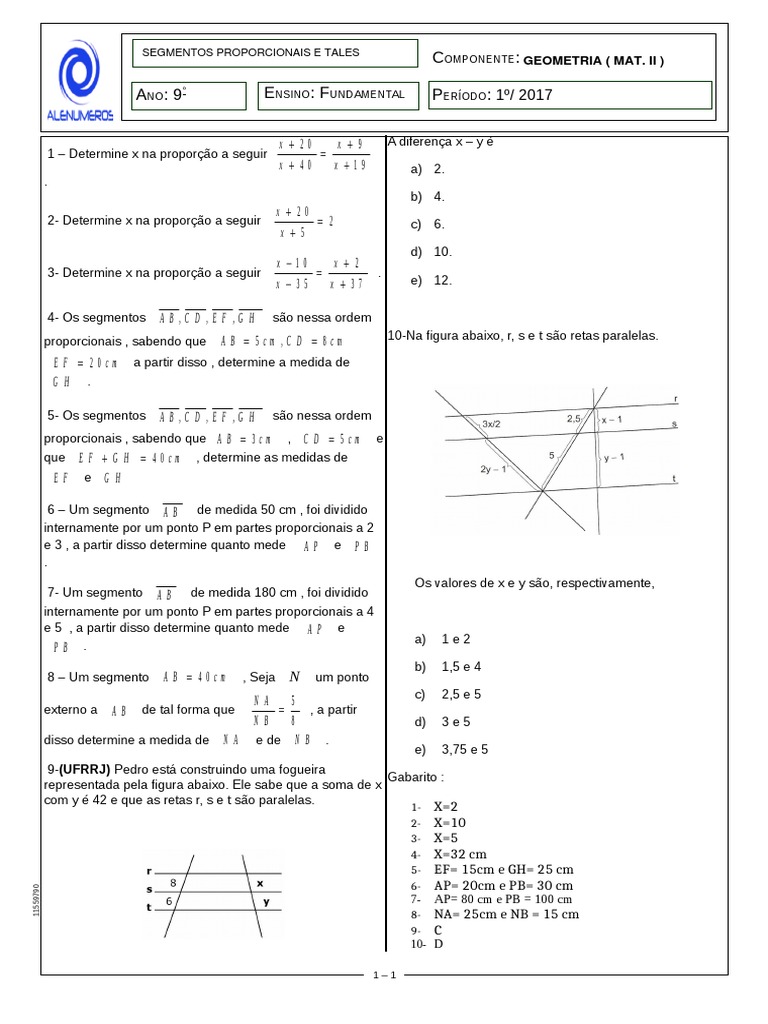 Lista - Segmentos Proporcionais e Tales | Download grátis PDF | Ensino de Matemática | Science