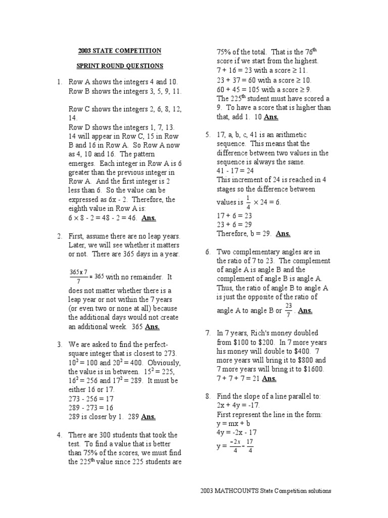 2003 STATE COMPETITION SPRINT ROUND QUESTIONS | PDF | Fraction ...