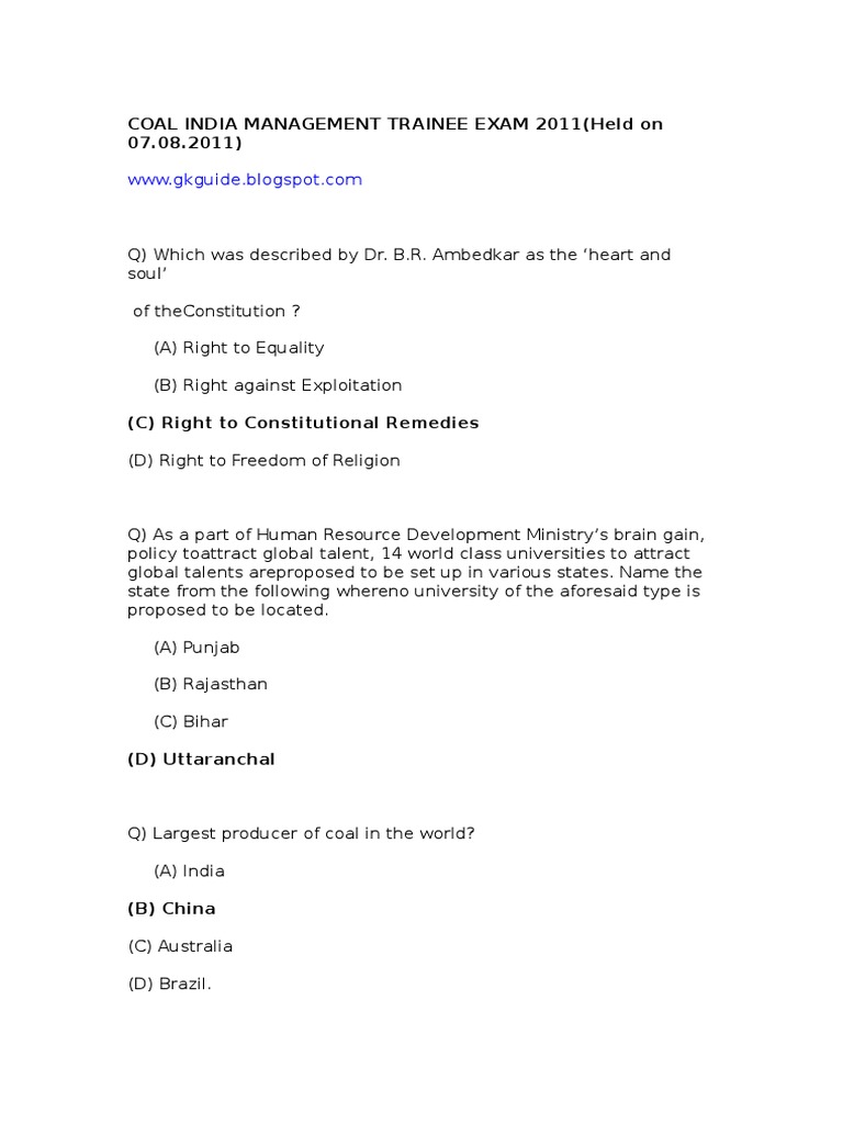 Coal India Management Trainee Exam 2011 (Held On 07.08.2011) | PDF