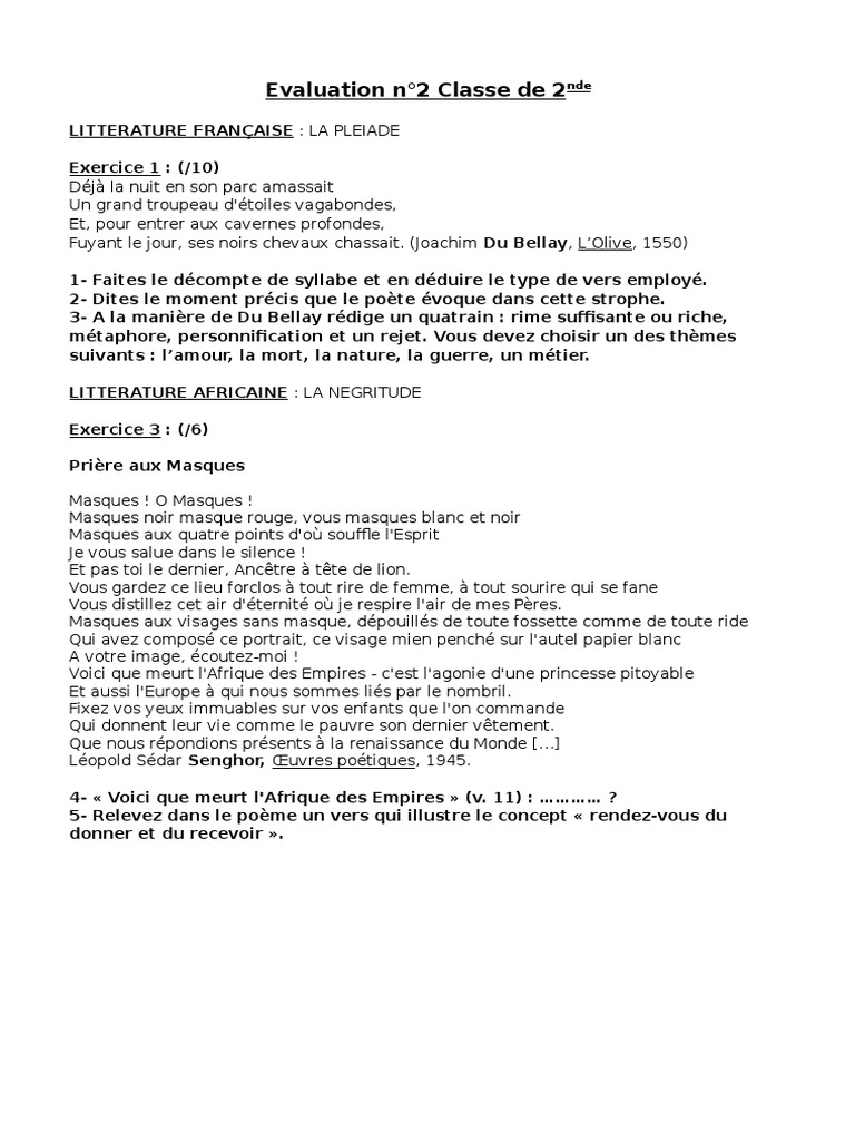 Evaluation Poésie Seconde LyceeC | PDF