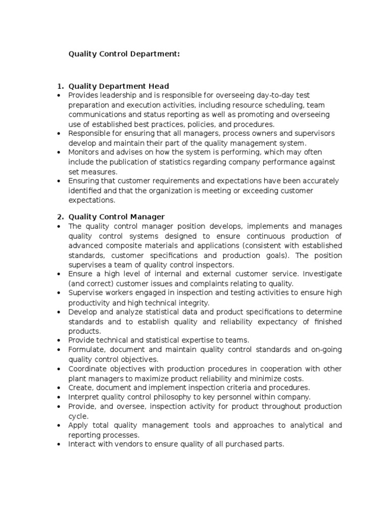 Quality Control Department | PDF | Quality Assurance | Quality (Business)