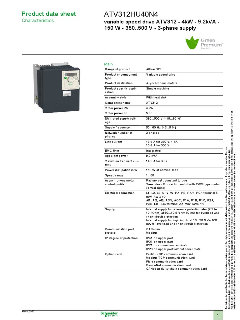ATV312HU40N4 Variable Speed Drive Data | PDF | Electrical Impedance | Relay