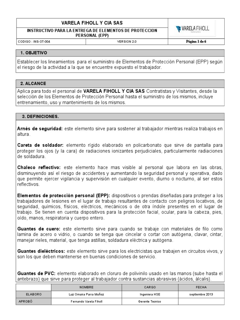 Ins-004-Instructivo para La Entrega de Elementos de Proteccion Personal (Epp) | Descargar gratis ...