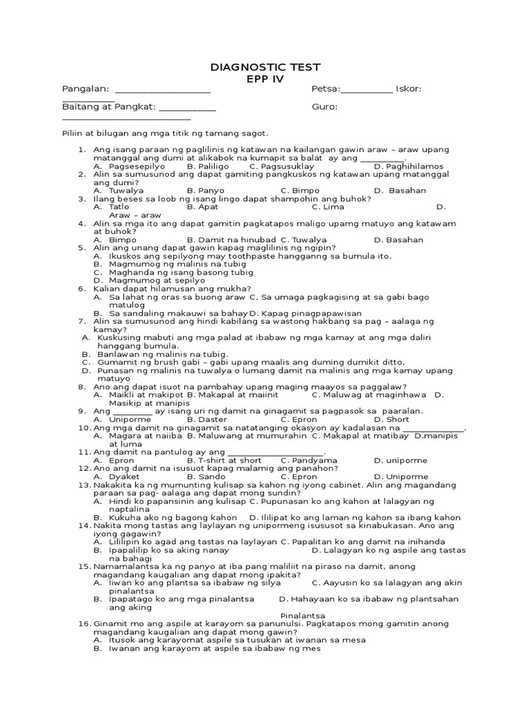 Diagnostic Test in Epp | PDF