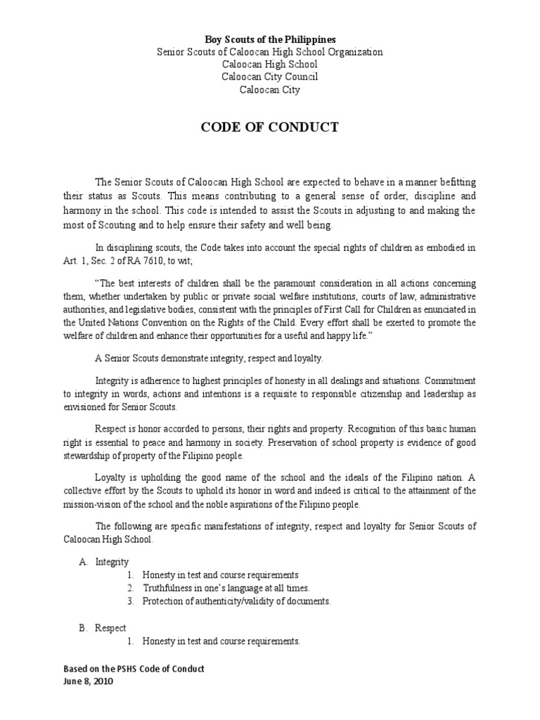 Code of Conduct Senior Scouts | PDF | Integrity | Scouting