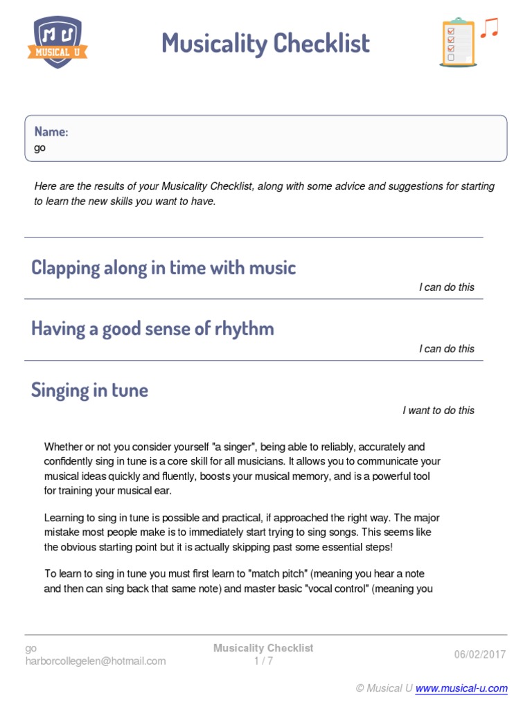 Musicality Checklist | PDF | Singing | Sound
