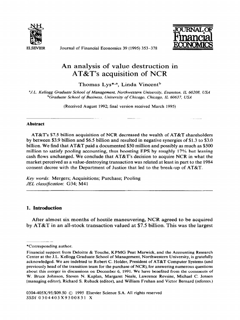 Analysis of Value Destruction in ATT Acquisition of NCR | PDF | Mergers ...