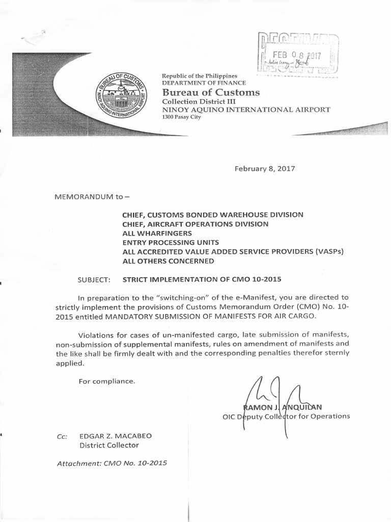 BOC Memo On The Implementation of CMO 10-2015 | PDF