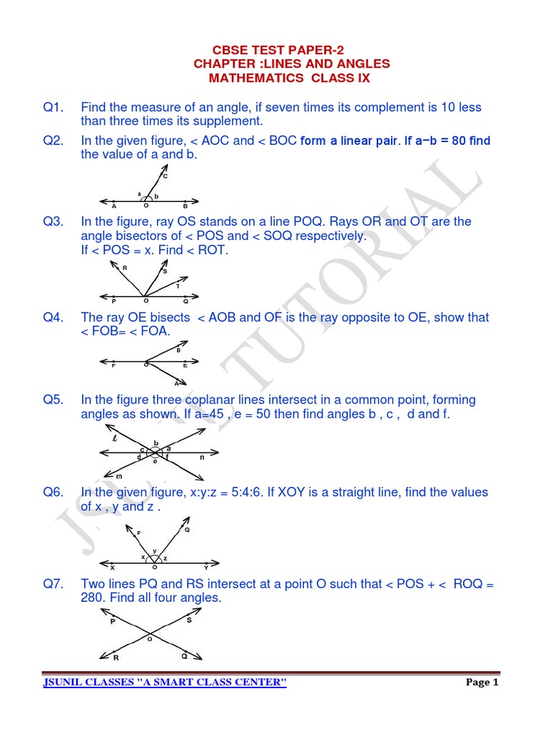 9th Lines and Angle Test Paper-2 PDF | Download Free PDF | Triangle | Angle