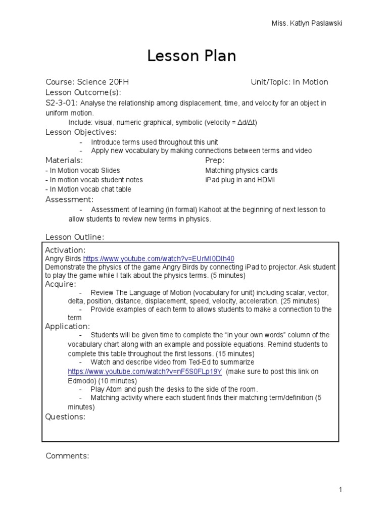 Science Lesson Plan: Motion Concepts | PDF