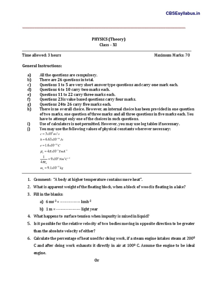 11 Physics Sample Paper PDF | PDF