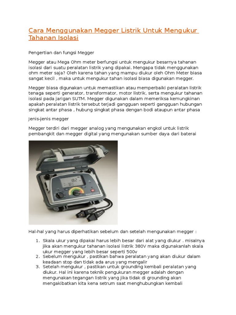 Cara Menggunakan Megger Listrik Untuk Mengukur Tahanan Isolasi | PDF Cara Menggunakan Megger Listrik Untuk Mengukur Tahanan Isolasi | PDF