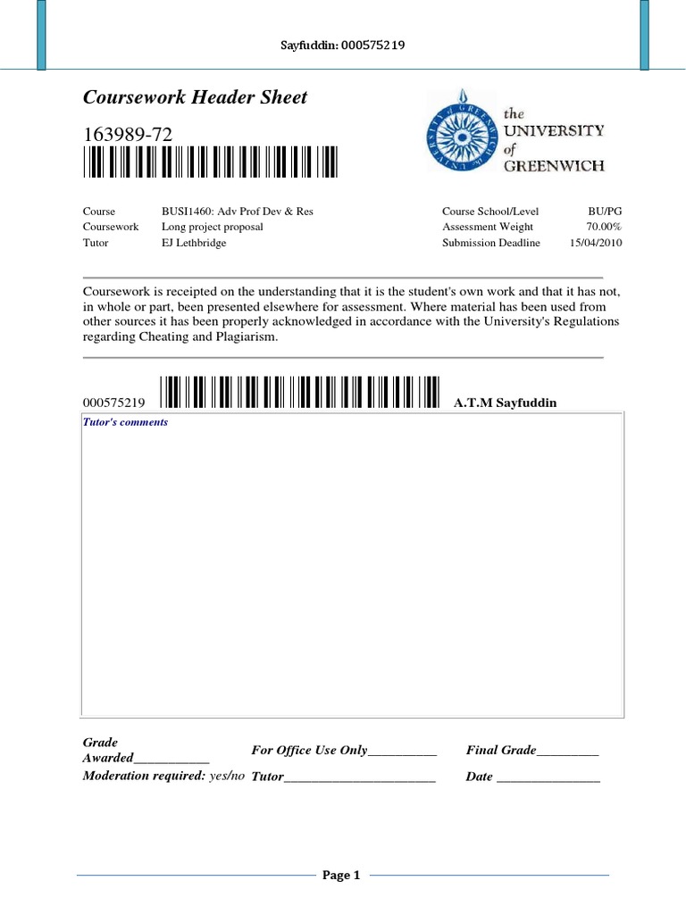 Coursework Header Sheet: Sayfuddin: 000575219 | PDF | Qualitative ...