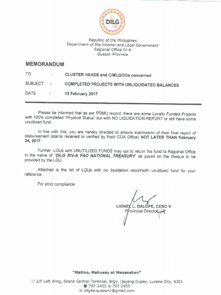 Memo On Completed Projects With No Liquidation | PDF