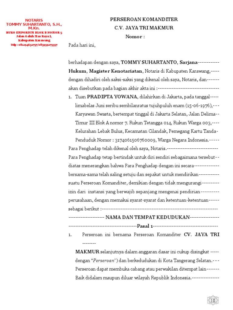 Contoh Minuta Akta Pendirian CV | PDF
