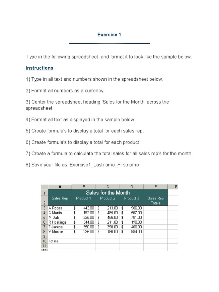 Basic Spreadsheet Concepts Exercise 1 | PDF | Spreadsheet | Formula