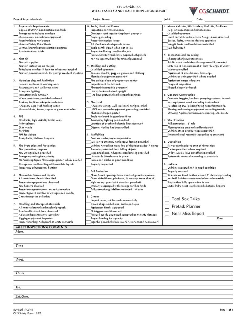 CGS Weekly Safety & Health Inspection Report | PDF | Personal ...