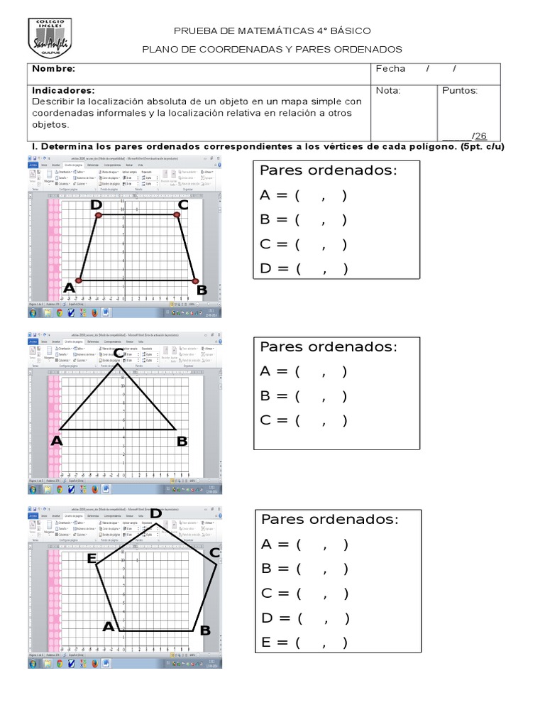 Coordenadas y Pares Ordenados 4° Básico | PDF | Enseñanza de matemática ...