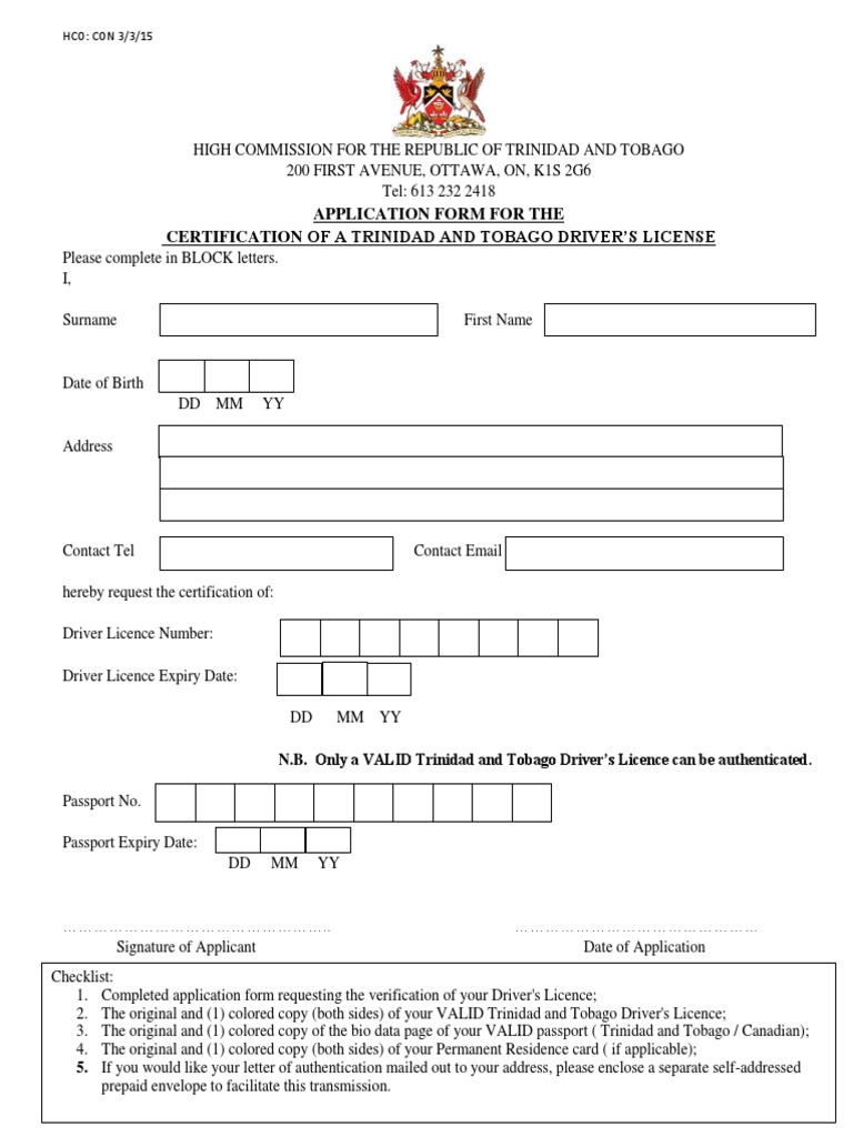 Application for the Certification of a Drivers Licence
