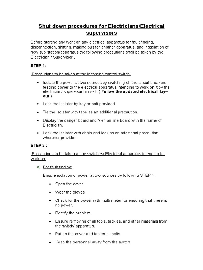 Shut Down Procedures | PDF | Electrician | Switch