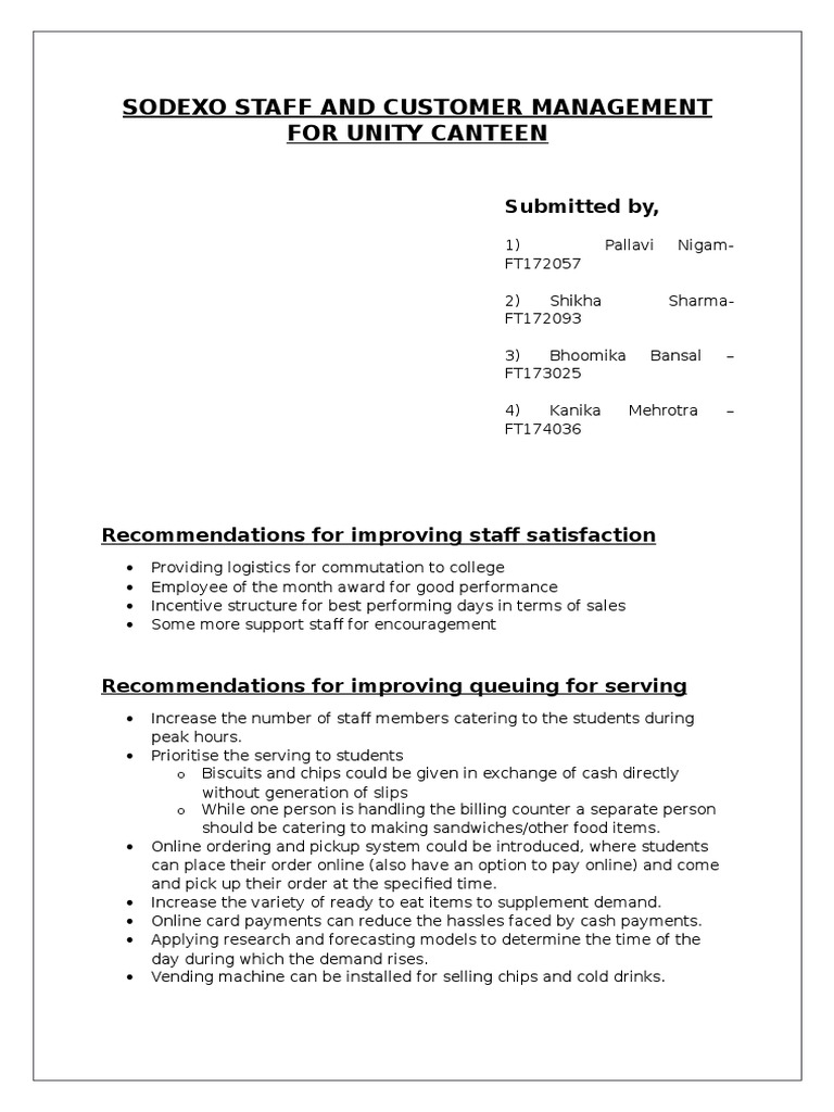 Sodexo Staff and Customer Management For Unity Canteen: Submitted By | PDF