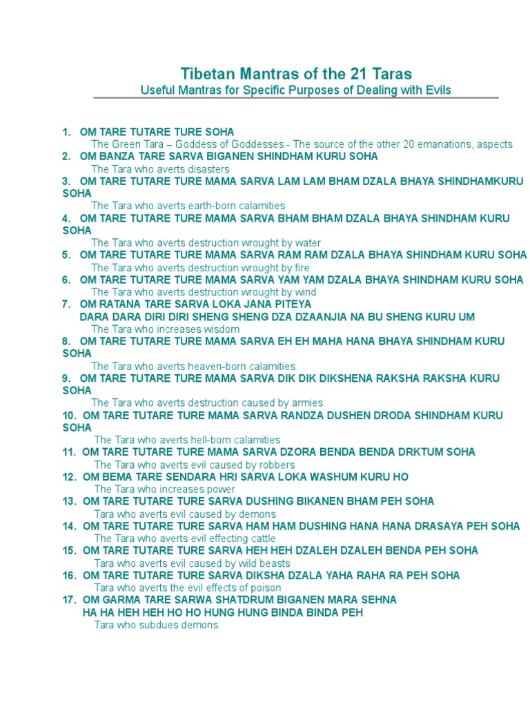 Tibetan Mantras of The 21 Taras | PDF | Indian Religions | Religious Belief And Doctrine